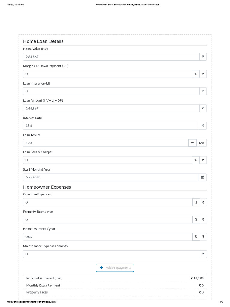 SCB Loan EMI Calculator With Prepayments, Taxes & Insurance | PDF ...