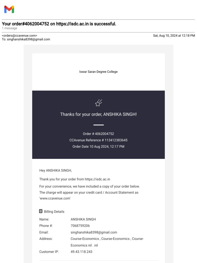 Gmail - Your Order#4062004752 On Https - Isdc - Ac.in Is Successful. | PDF