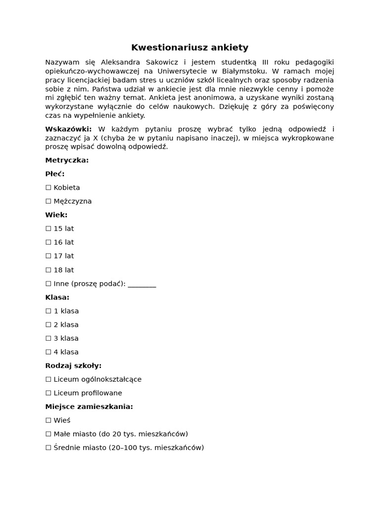 Kwestionariusz Ankiety.... | PDF