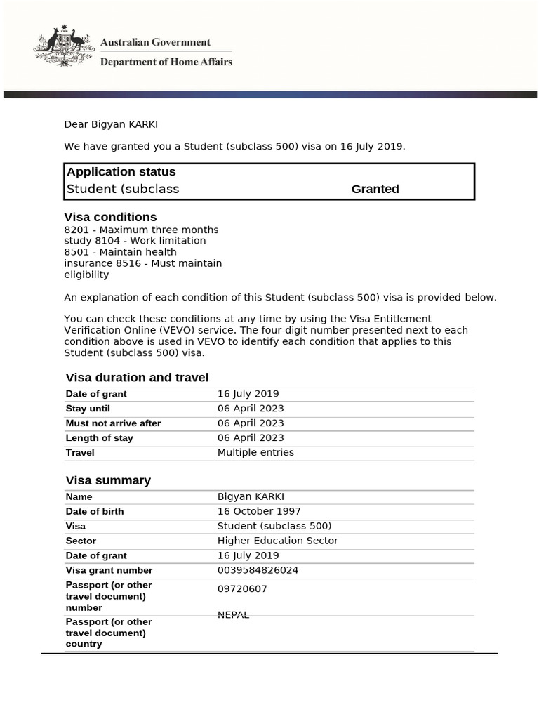 Australia Visa Grant Letter | PDF | Travel Visa | Employment