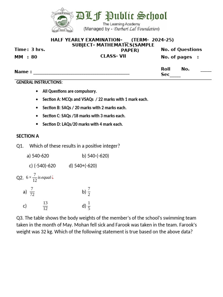 Class VII Math Exam Paper | PDF | Rational Number | Numbers