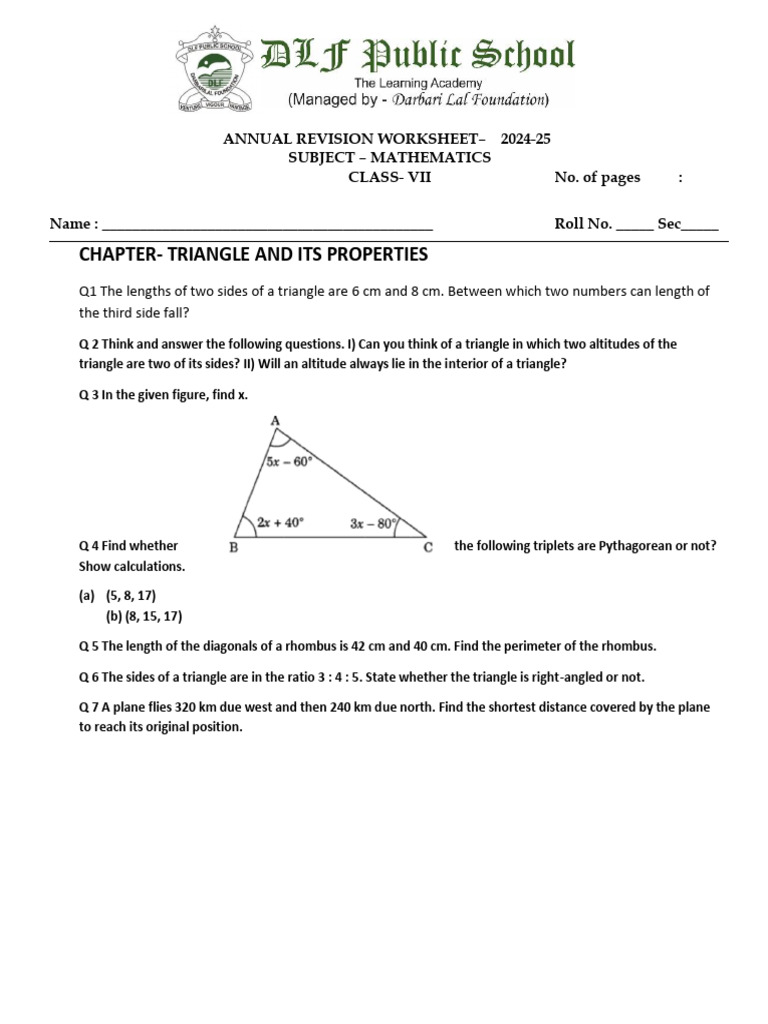 Class Vii - Annual Revision Worksheet | PDF | Triangle | Area