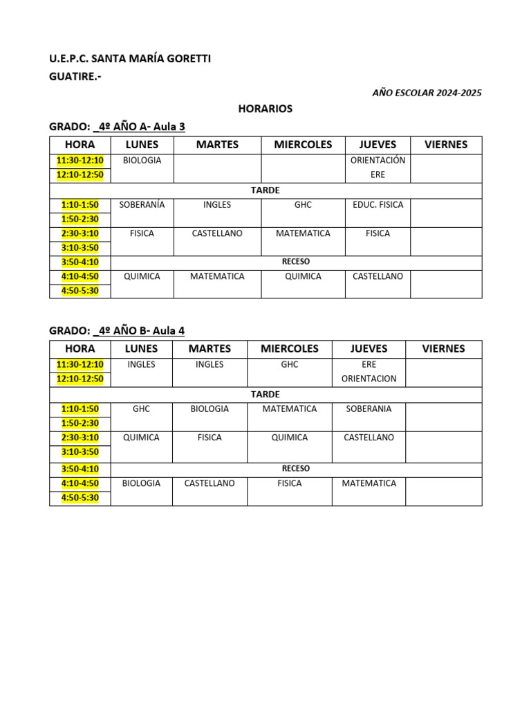 Horario 4ab - 241003 - 075909 | PDF