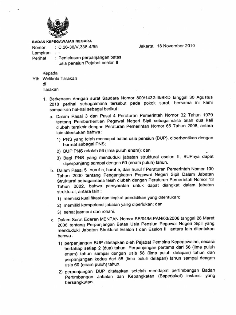 Surat Kepala Bkn Nomor c.26-30 v.338-4 55@Penjelasan Perpanjangan Bup Pejabat Eselon II | PDF