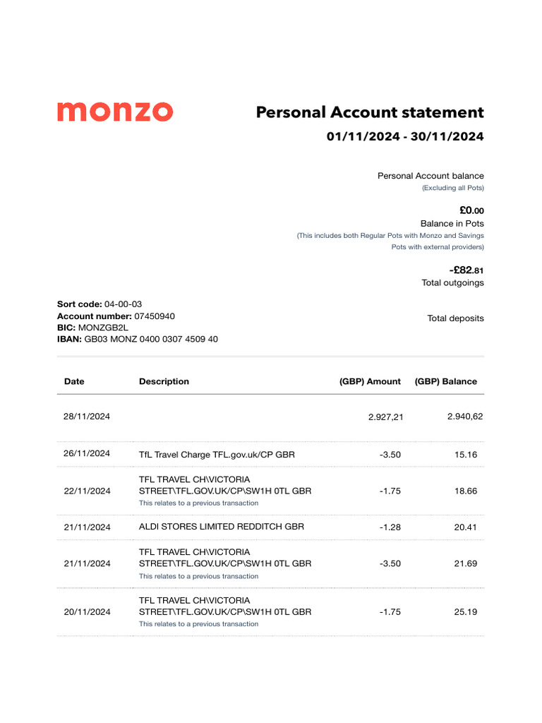 Monzo - Bank - Statement - 2024 11 01 2024 11 30 - 8755 1 1 | PDF ...