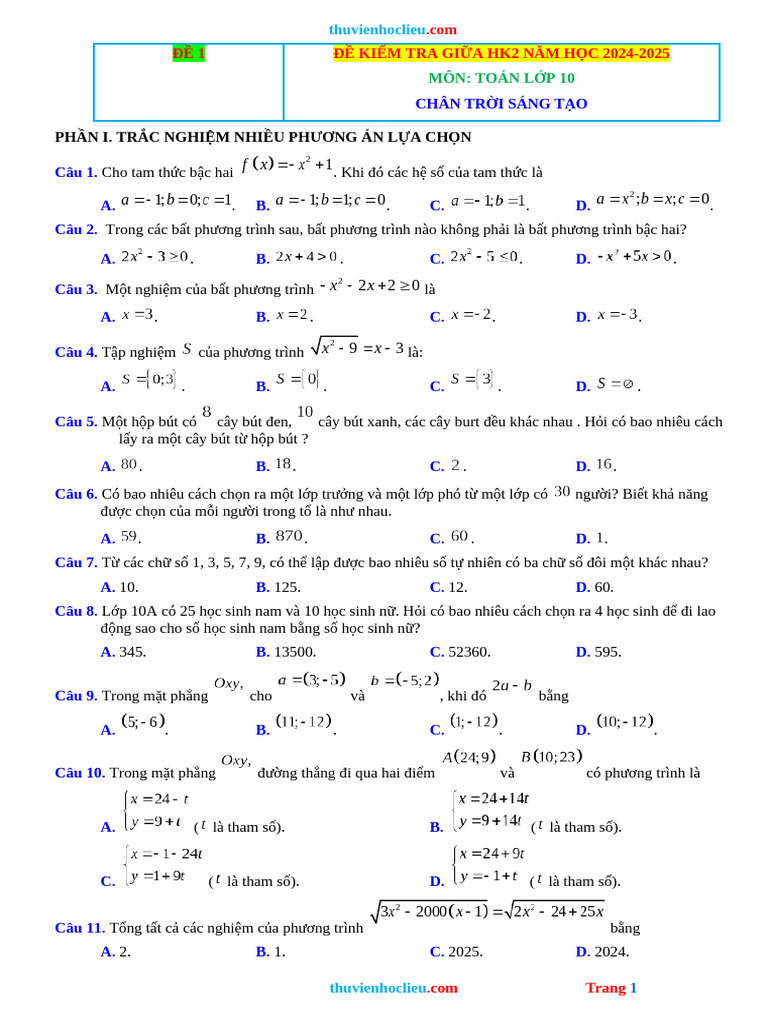 Bo 10 de Kiem Tra Giua HK2 Toan 10 CTST CTM 24 25 | PDF