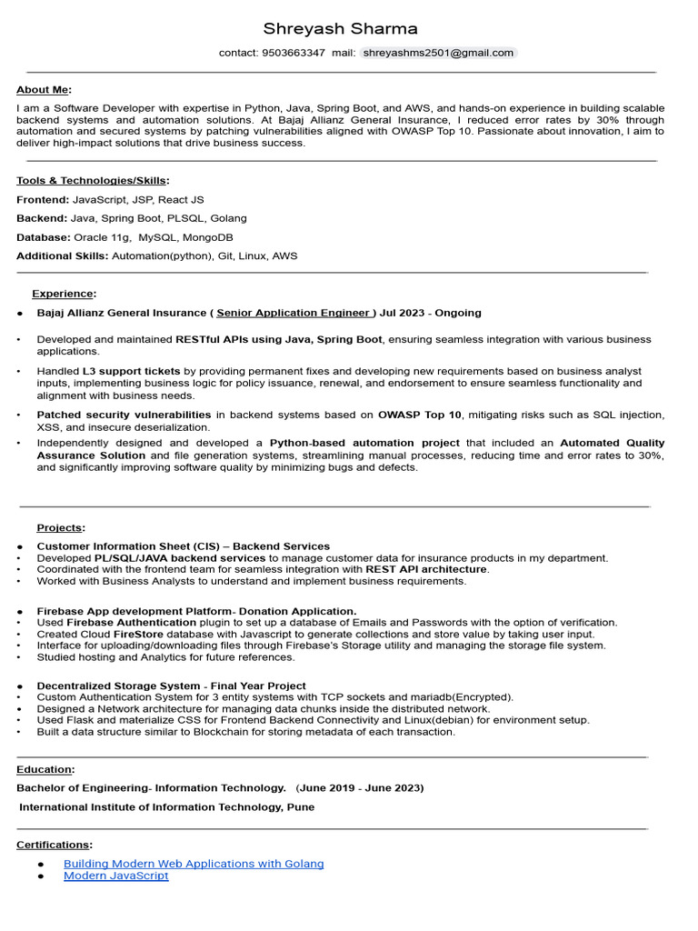 Shreyash Sharma's Resume | PDF | Computing | Information Technology
