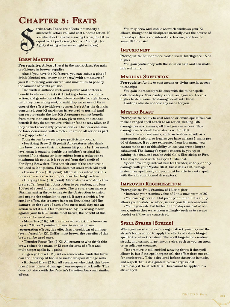 Chapter 5 (Feats) - 5e Warcraft Conversion Version 2.5 | PDF | Drink