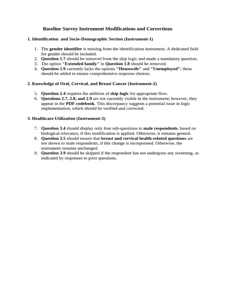 Baseline Survey Instrument Modifications and Corrections | PDF
