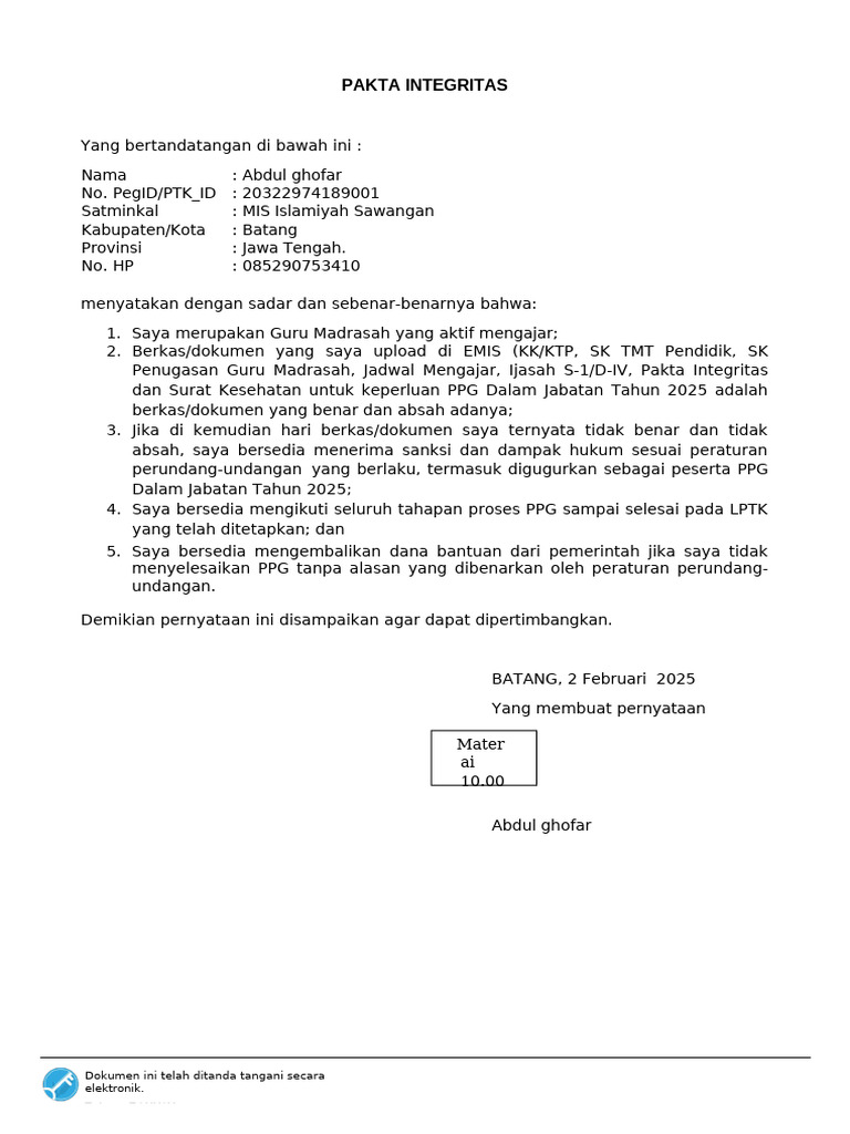 Surat - Fakta Integritas PPG Madrasah2025 | PDF