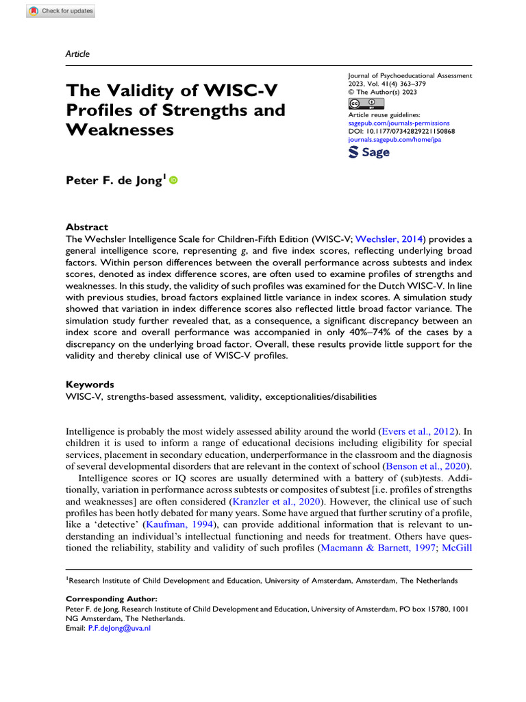 De Jong 2023 The Validity of Wisc V Profiles of Strengths and ...