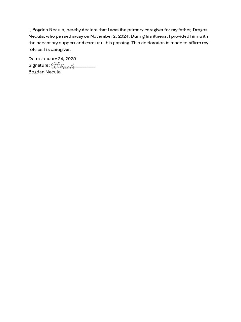 Caregiver Declaration for Dragos Necula | PDF