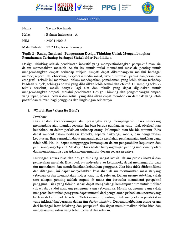 Design Thinking - T2.2 Eksplorasi Konsep - Savina Rachmah | PDF