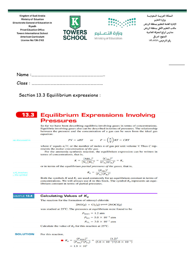 Name: .. Class: Section 13.3 Equiilibrium Expressions | PDF
