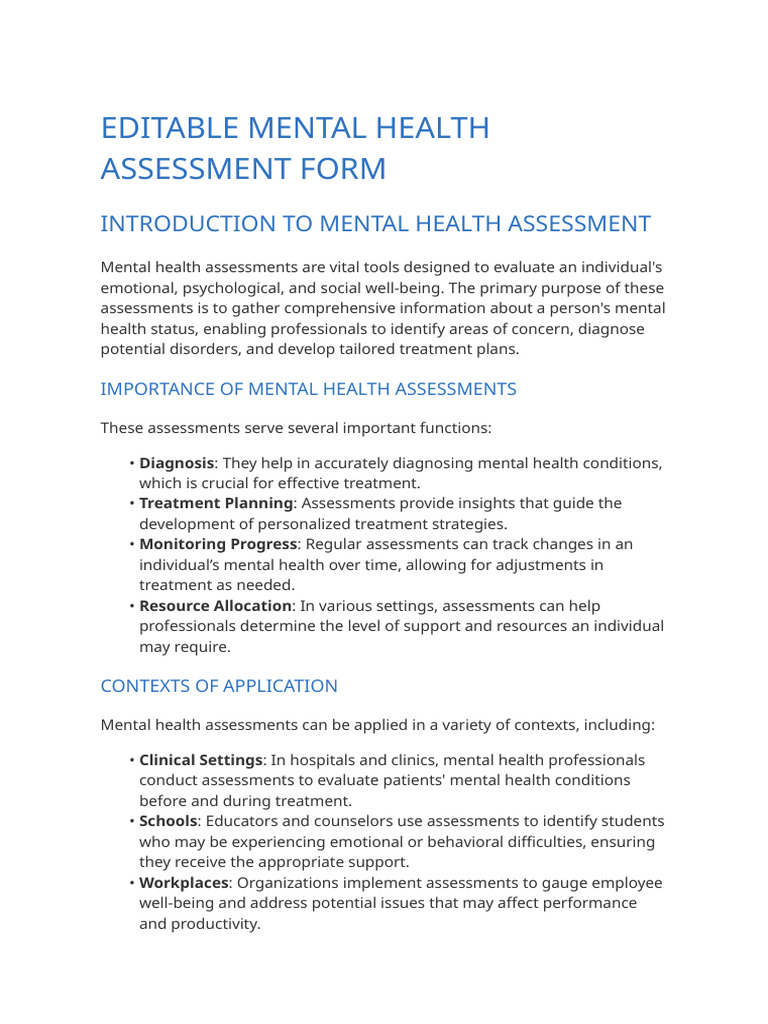 Editable Mental Health Assessment Form | PDF | Mental Health | Mood ...