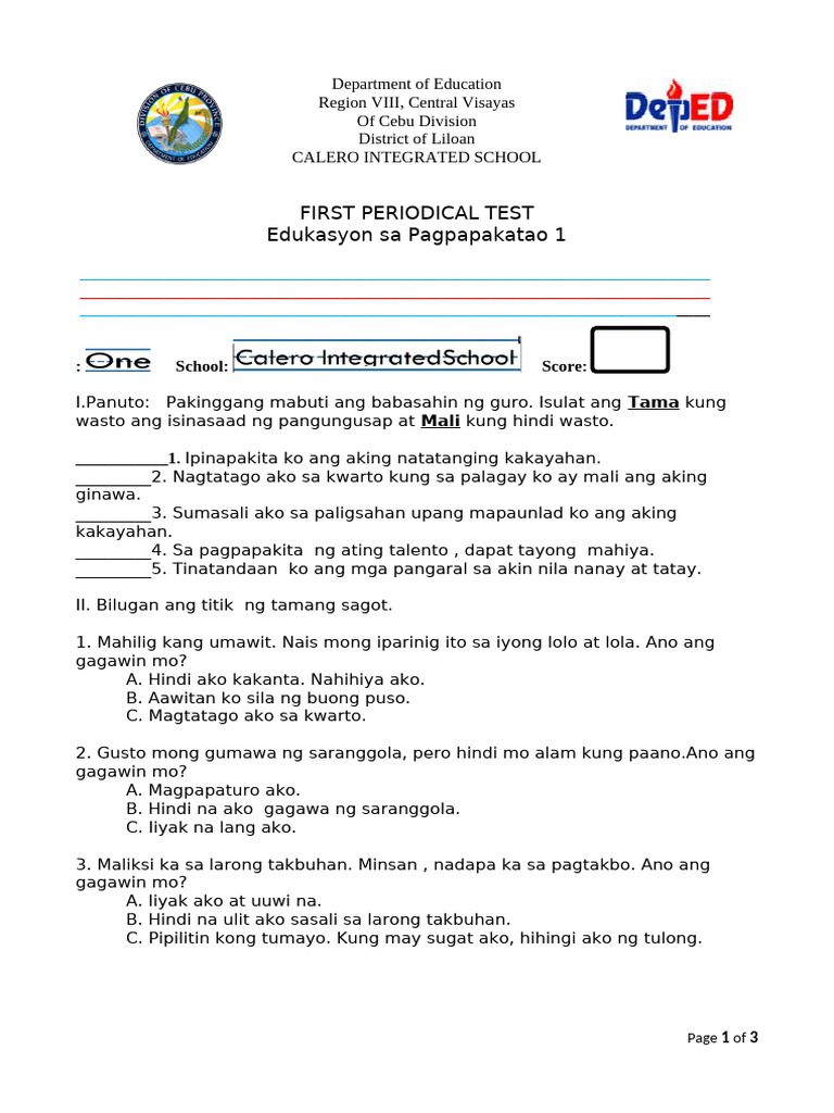 ESP - First Periodical Test | PDF