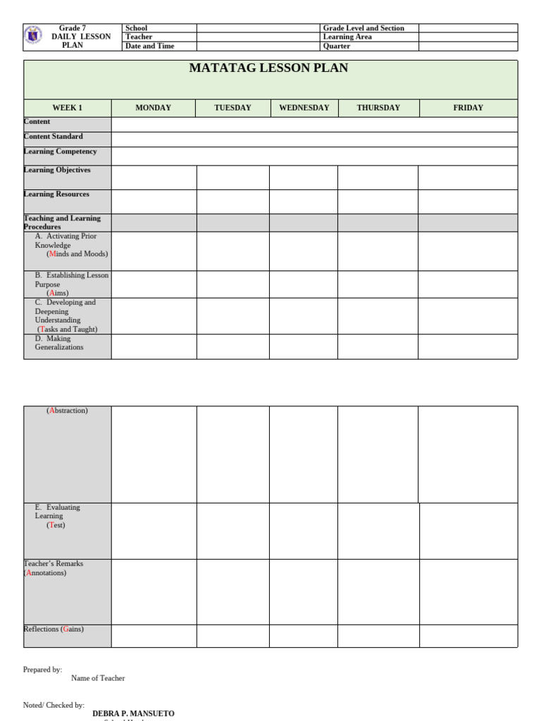 Matatag Lesson Plan For Demo 1 | PDF