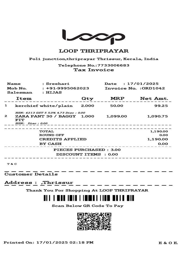 Invoice for Sreehari at LOOP Thriprayar | PDF