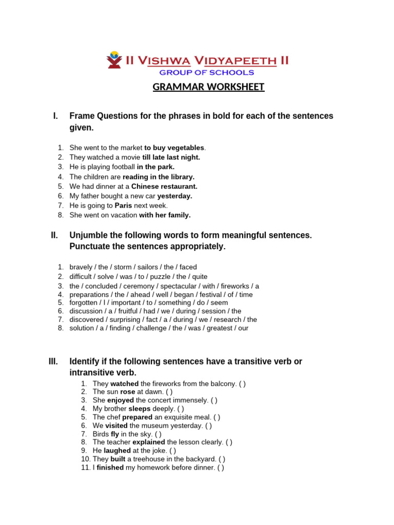 Grammar Worksheet: Questions & Verbs | PDF