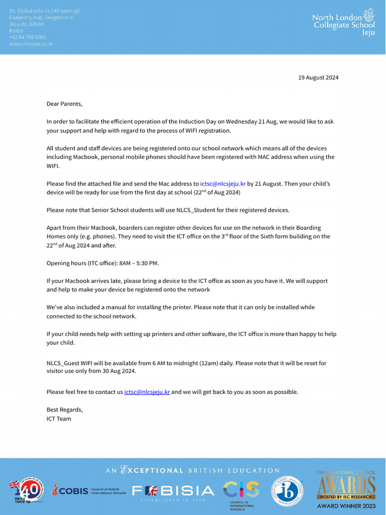 ICT Letter To New Students 19 Aug 2024 | PDF