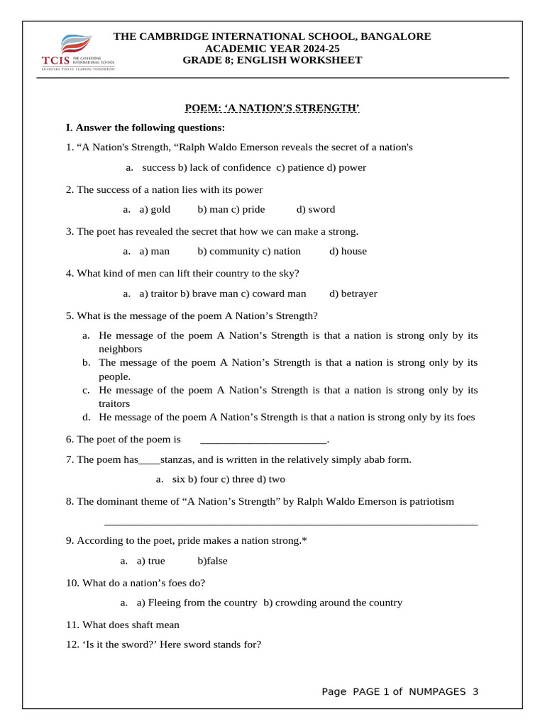 A NATION'S STRENGTH WORKSHEET Grade 8 N | PDF