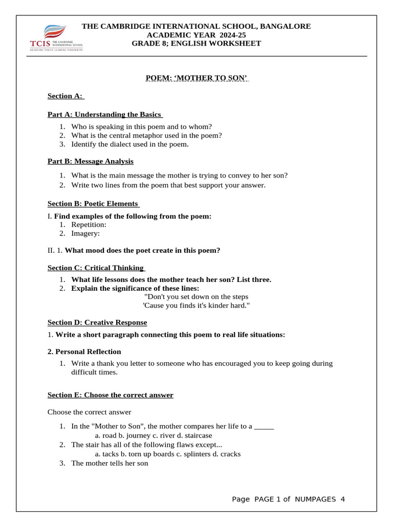 Grade 8 English Worksheet: "Mother to Son" Analysis | PDF | Poetry