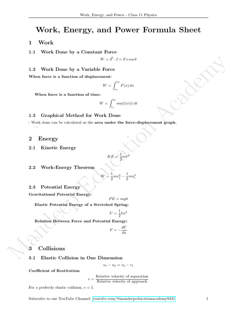 Work Energy Power Class 11 Formula Sheets | PDF | Collision | Force