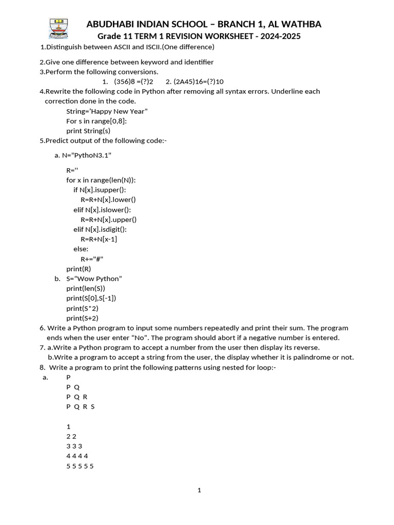 GRADE 11 Term 1 Revision Worksheet | PDF | Python (Programming Language ... GRADE 11 Term 1 Revision Worksheet | PDF | Python (Programming Language ...