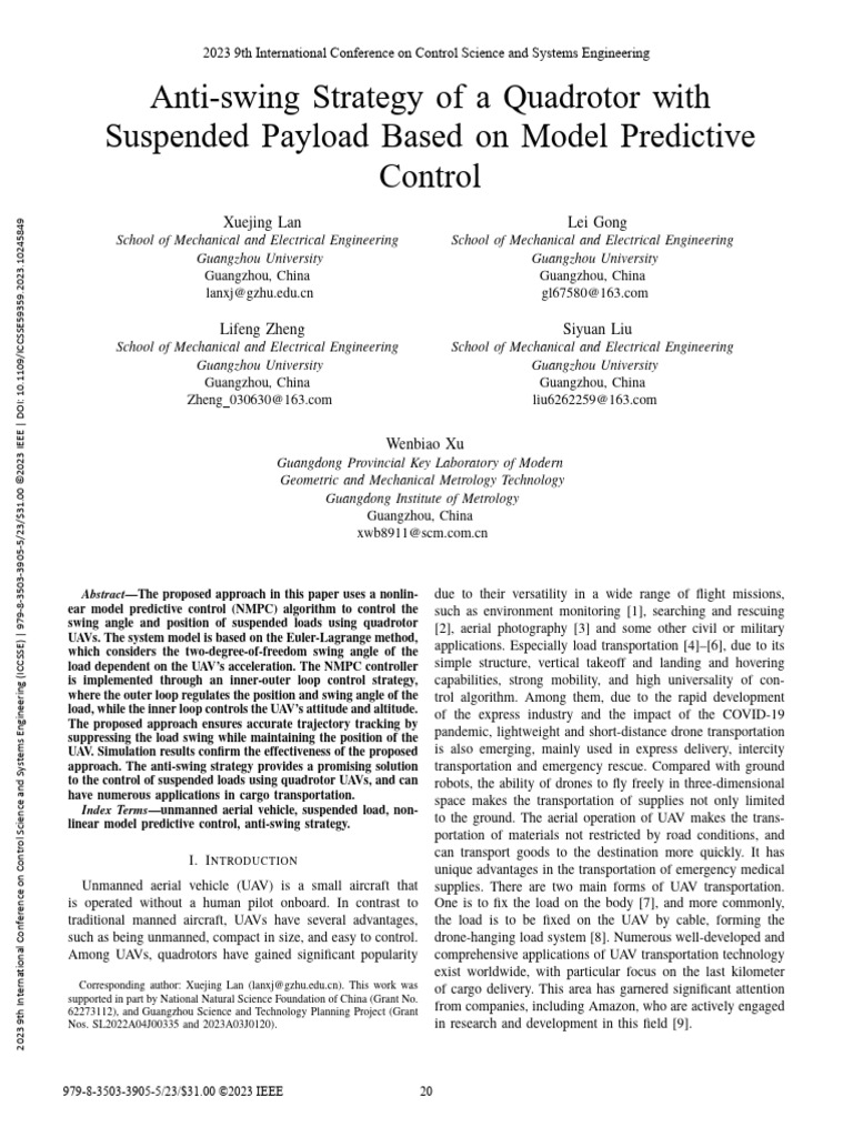 Anti-Swing Strategy of a Quadrotor With Suspended Payload Based on ...