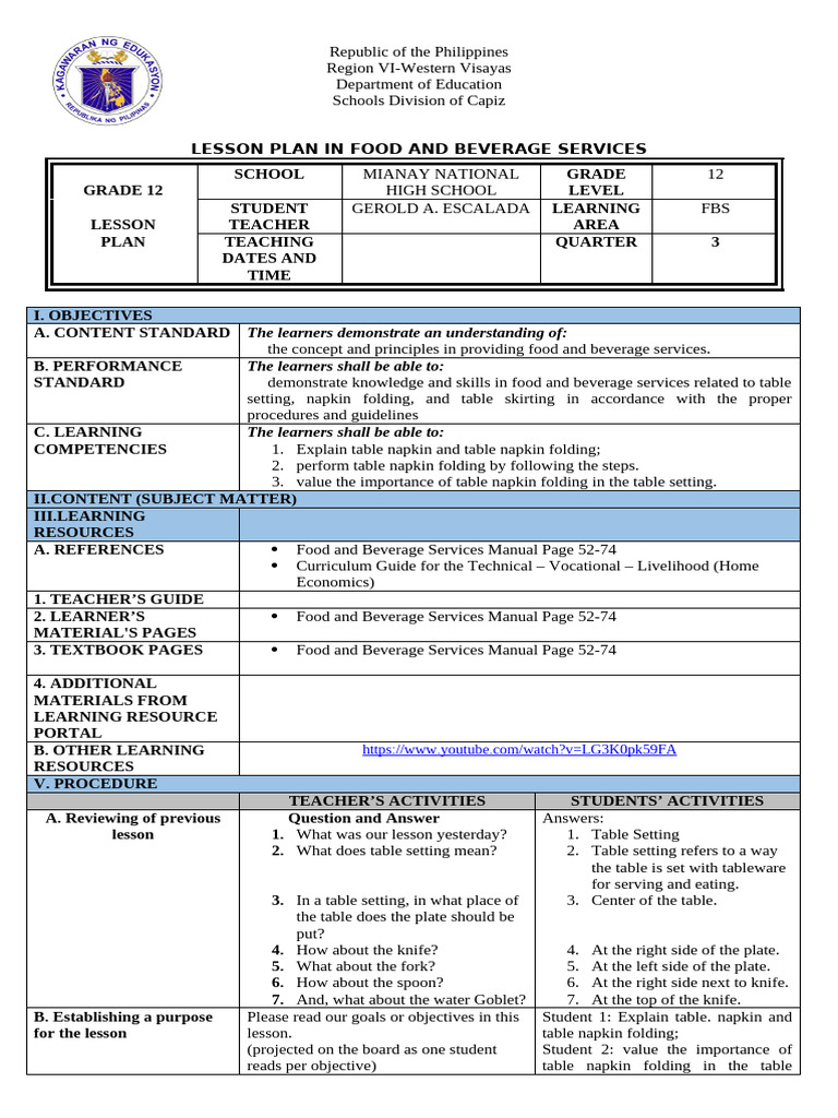 Lesson Plan Table Napkin WITH DISSCUSSION | PDF | Teachers | Lesson Plan