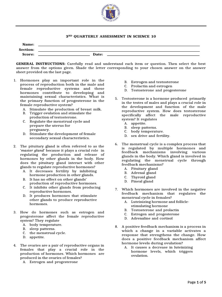 Science 10 Quarterly Assessment: Hormones | PDF | Menstrual Cycle | Dna
