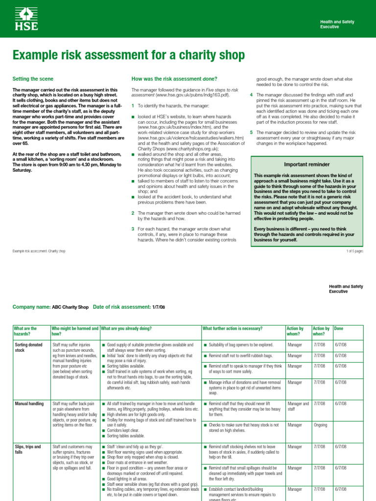 Charity Shop Risk Assessment Example | PDF | Occupational Safety And ...