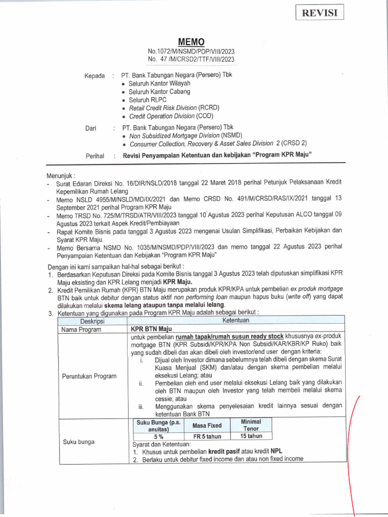 KPR MAJU 1072.M.nsmd - PDP.viii.2023 & 47.M.crsd2.TTF - Viii.2023 Revisi Penyampaian Ketentuan ...