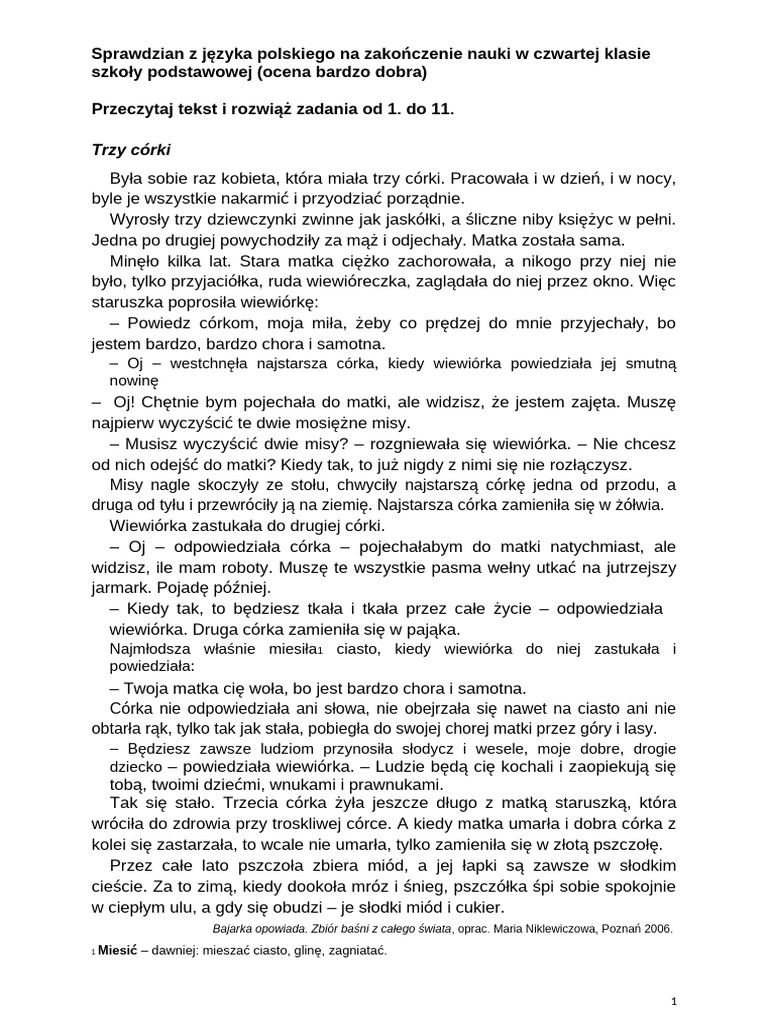 Sprawdzian Z Języka Polskiego Na Zakończenie Nauki W Czwartej Klasie Szkoły Podstawowej | PDF