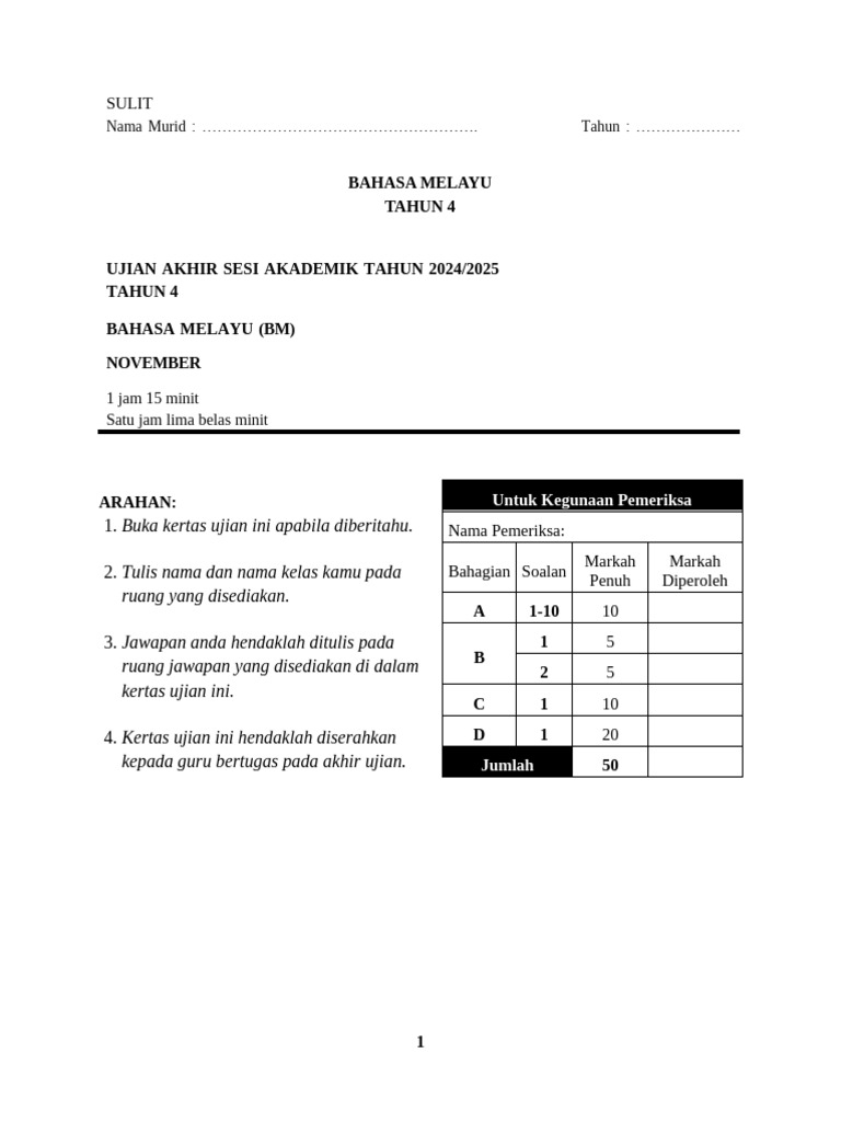 Uasa BM THN 4 Set 1 20242025 by Cikgu Gorgeous | PDF