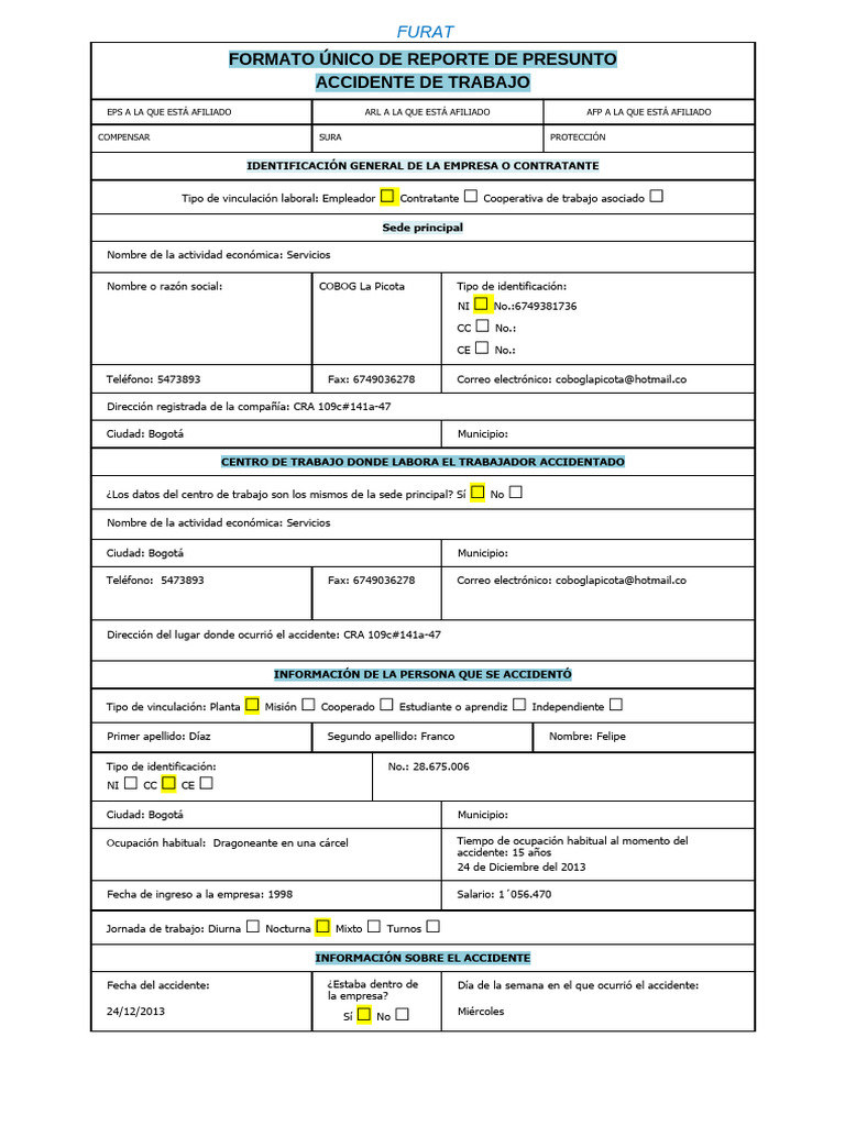 Formato Reporte Accidente de Trabajo FURAT | PDF