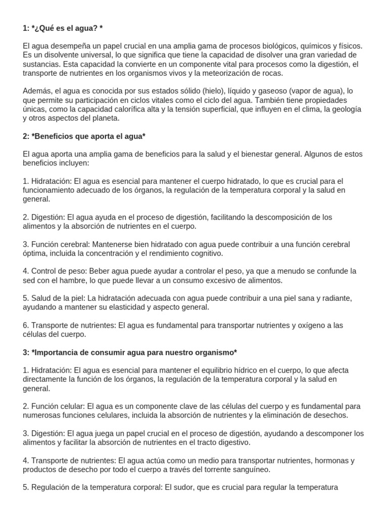 Importancia y beneficios del agua | PDF | Alimentos | Nutrientes