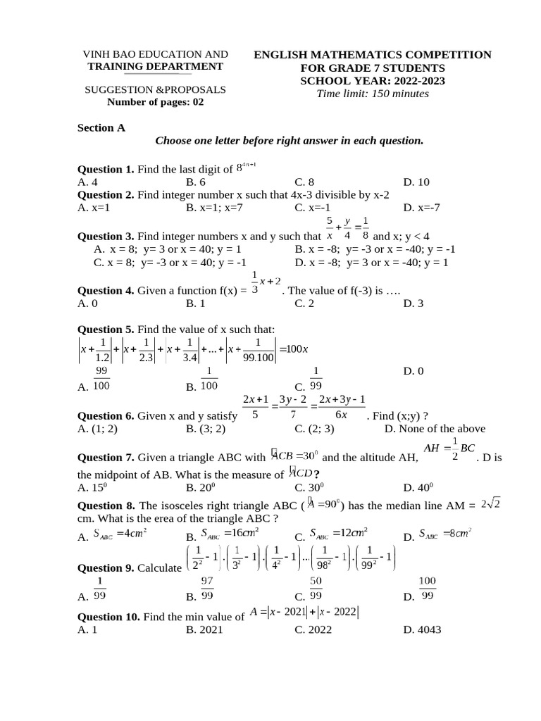 Grade 7 English Math Competition 2022-2023 | PDF