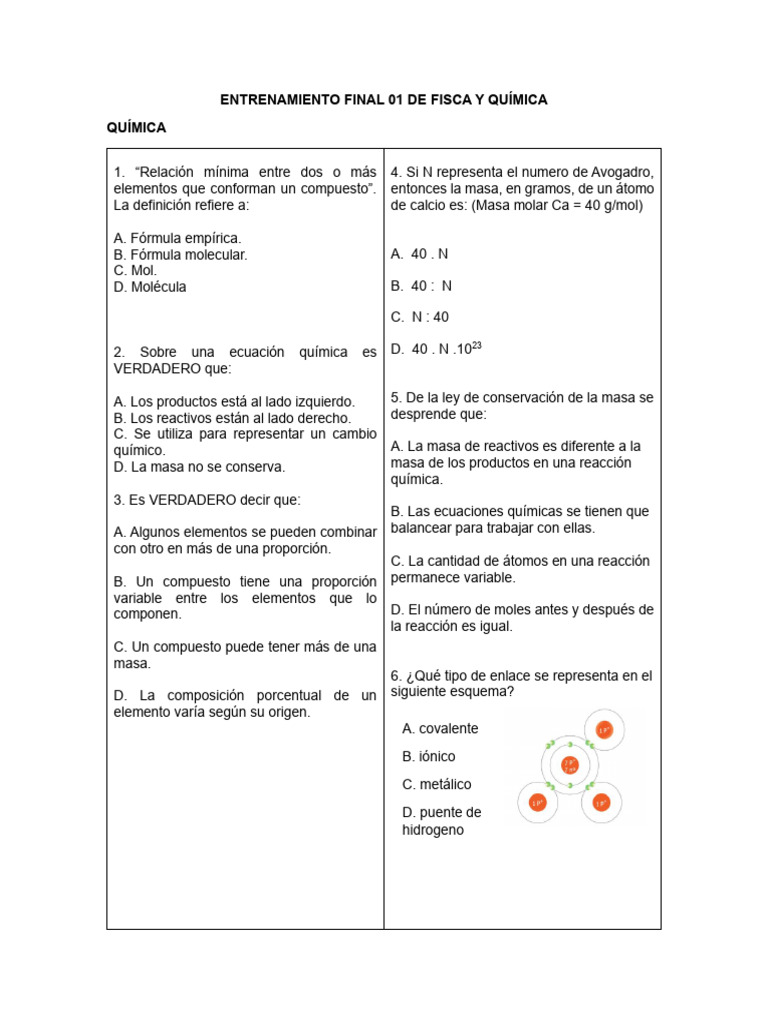 ENTRENAMIENTO FINAL 01 DE FISCA Y QUÍMICA | PDF | Química | Compuestos ...