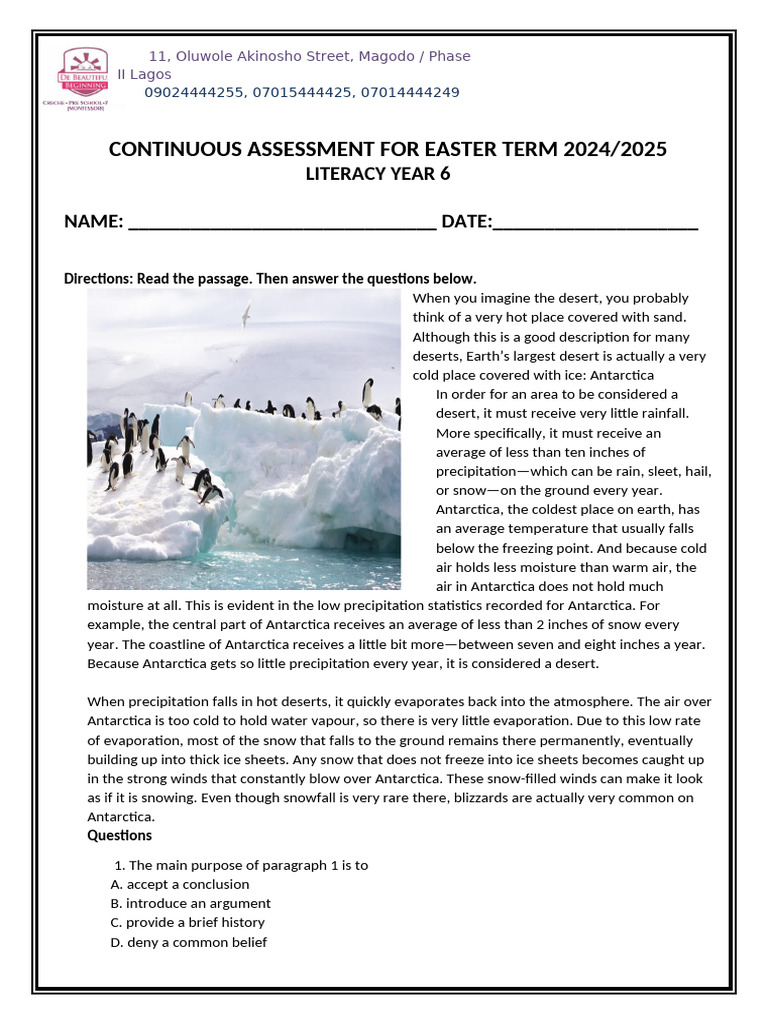 Year 6 Literacy Assessment | PDF | Precipitation | Desert
