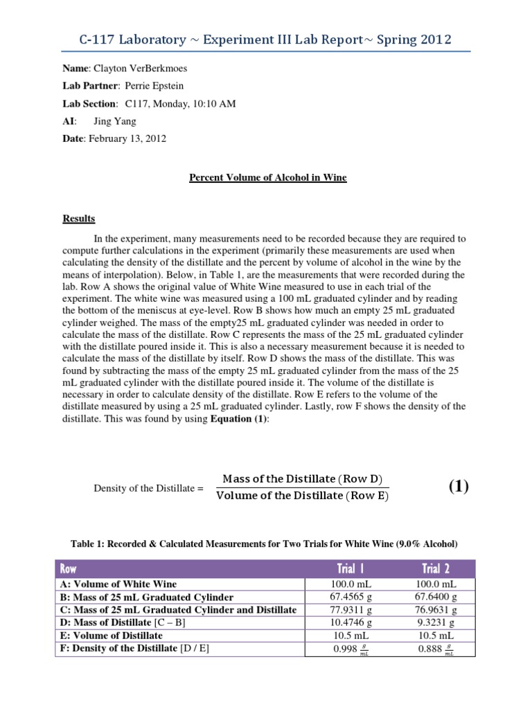 Alcohol Volume Calculation in Wine Lab | PDF | Ethanol | Distillation