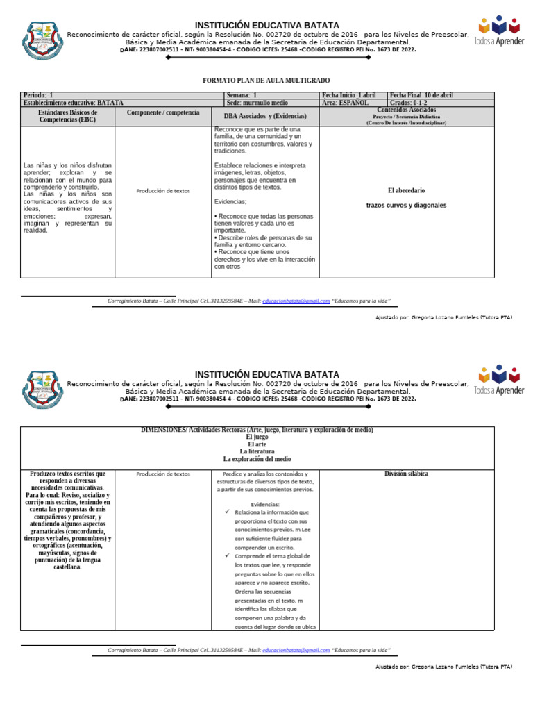 PLAN DE AULA MULTIGRADO ESPAÑOL marleidys | PDF | Educación de la ...
