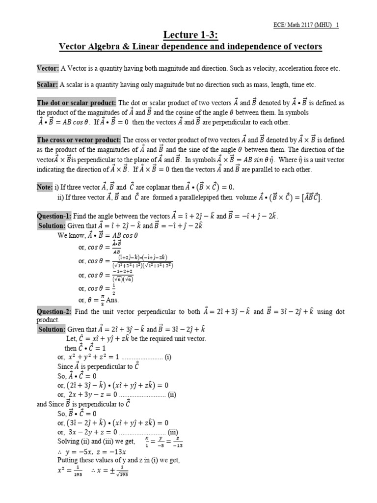 Lecture 1 3 Vector Algebra | PDF | Euclidean Vector | Abstract Algebra