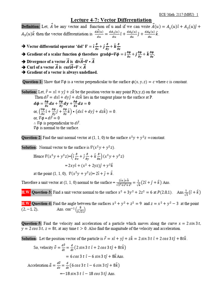 Lecture 4 7 Vector Differentiation | PDF | Acceleration | Velocity