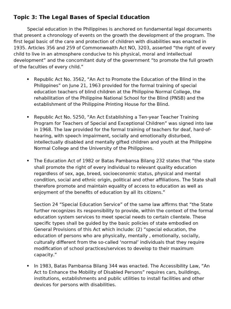 Topic 3 Legal Bases of Sped in The Philippines | PDF | Individualized ...