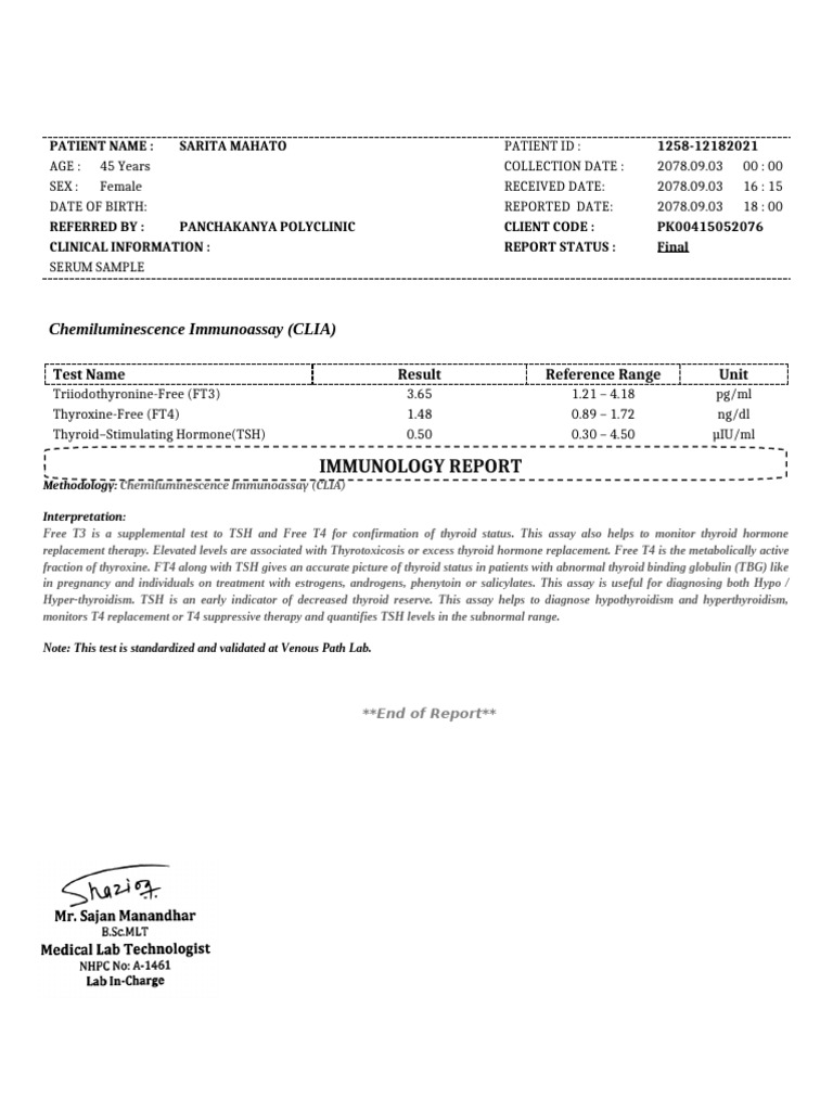 Thyroid Function Test Report for Sarita Mahato | PDF | Thyroid ...