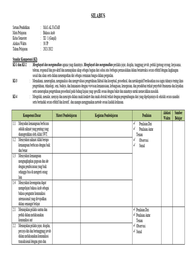 SILABUS Bhs Arab Kelas 11 SEM 1 Dan 2 OK 2021-2022 - MUHAMMAD THOWAF | PDF