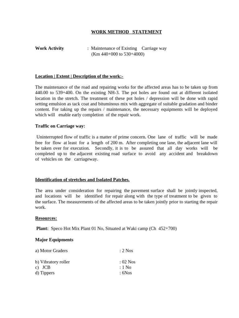 Method Statement Road Repair Ghoti | PDF | Road | Road Surface