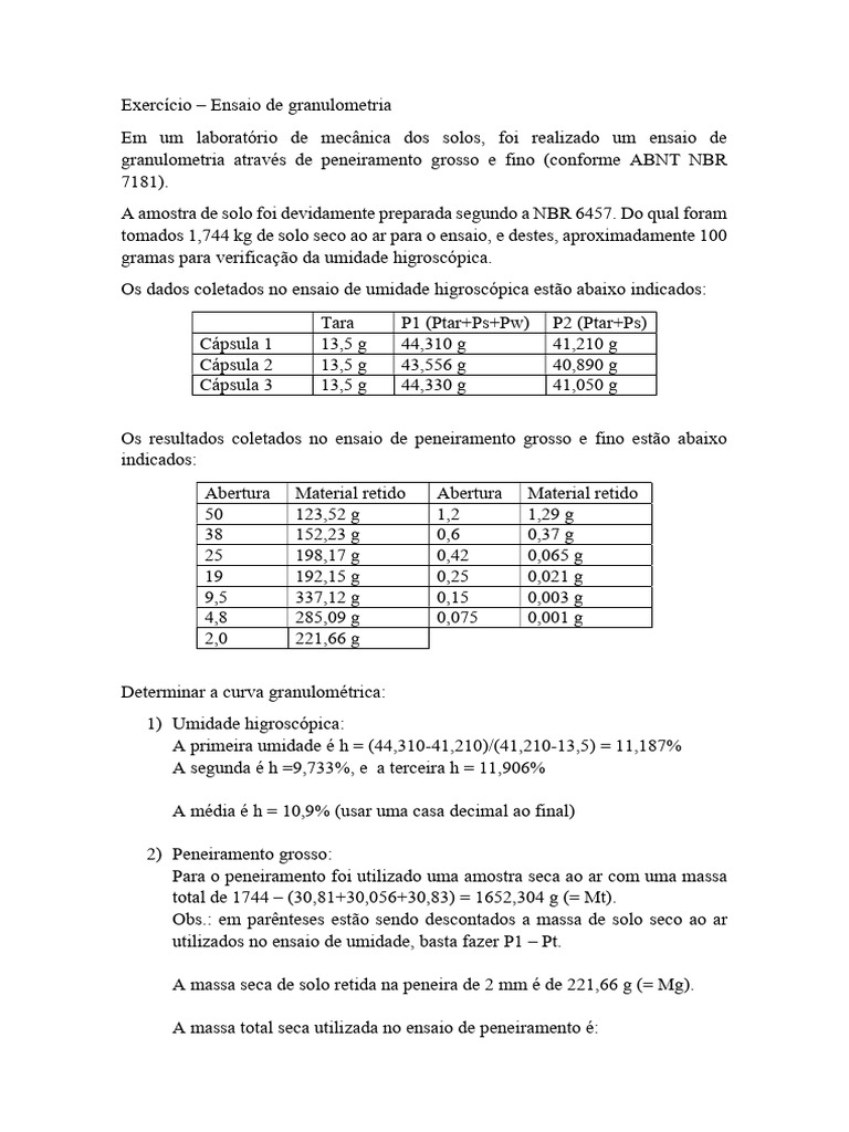 Exercício - ensaio granulometria | PDF | Geociências | Ciências do Solo