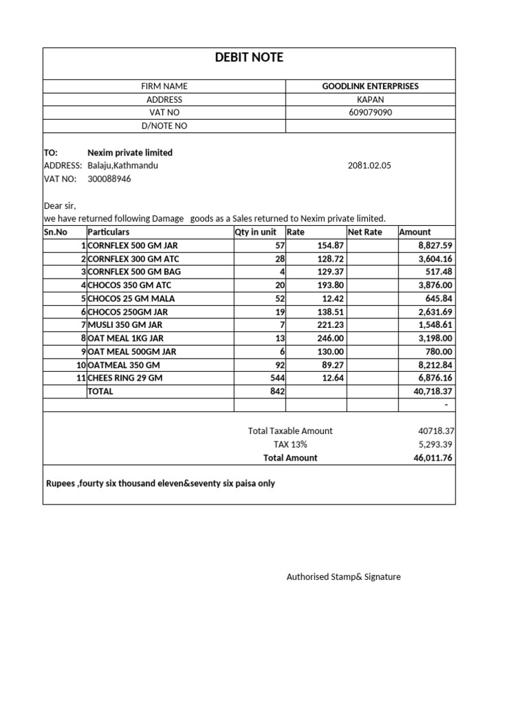 Debit Note for Returned Goods | PDF | Value Added Tax | Trade